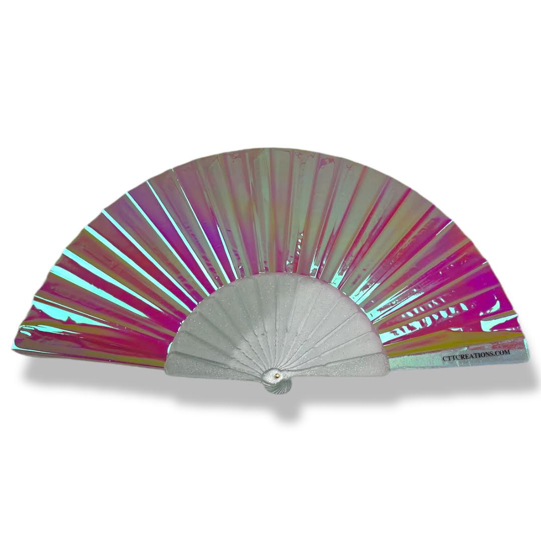 Mini Hand Fan - Clear Iridescent Multichrome (Pure White) With Sparkly ...